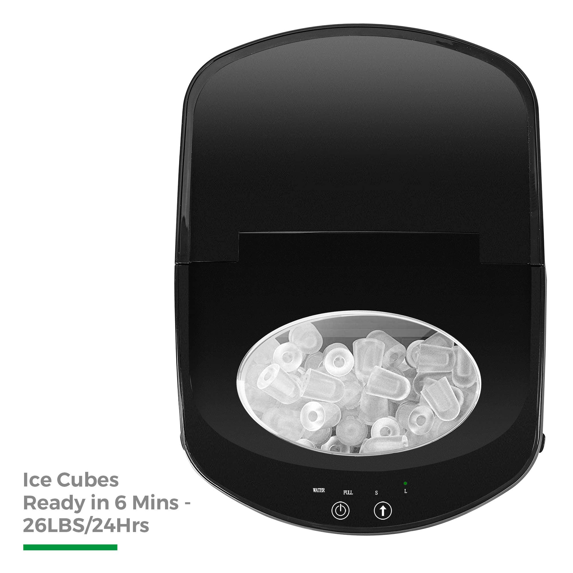 Caynel Countertop Ice Maker Machine β 9 Ice Cubes Ready in 6 Mins - 26LBS/24Hrs, LED Indicator Lights β Compact Portable Ice Cube Maker with Ice Scoop and Basket for Home Office Bar Party (M, 1)