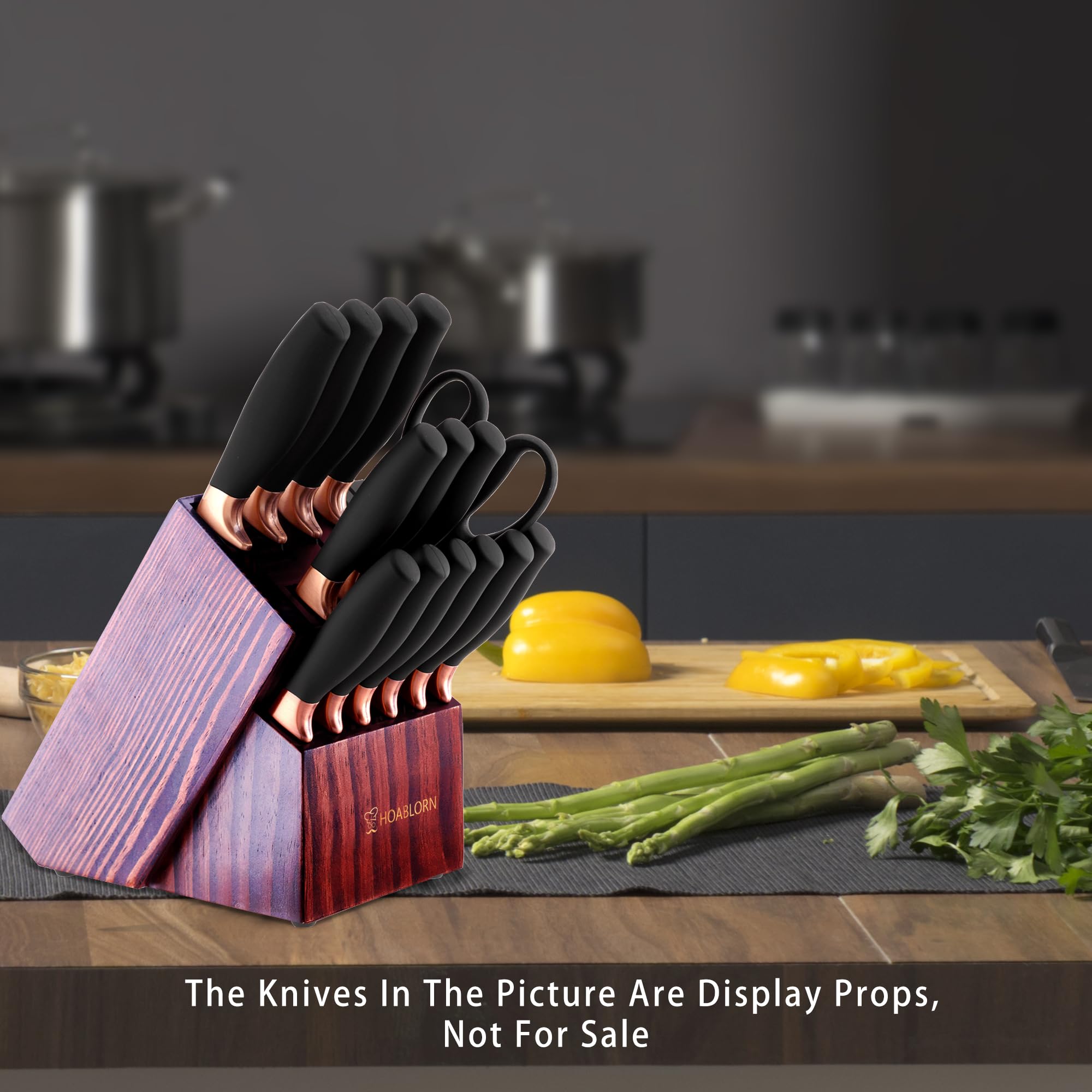 ChefHoablorn Knife Block, wood Knife Holder, Universal Kitchen Knife Holder with Built-in Knife Sharpener, 15 Knife Slots for Kitchen Counter, Without Knives