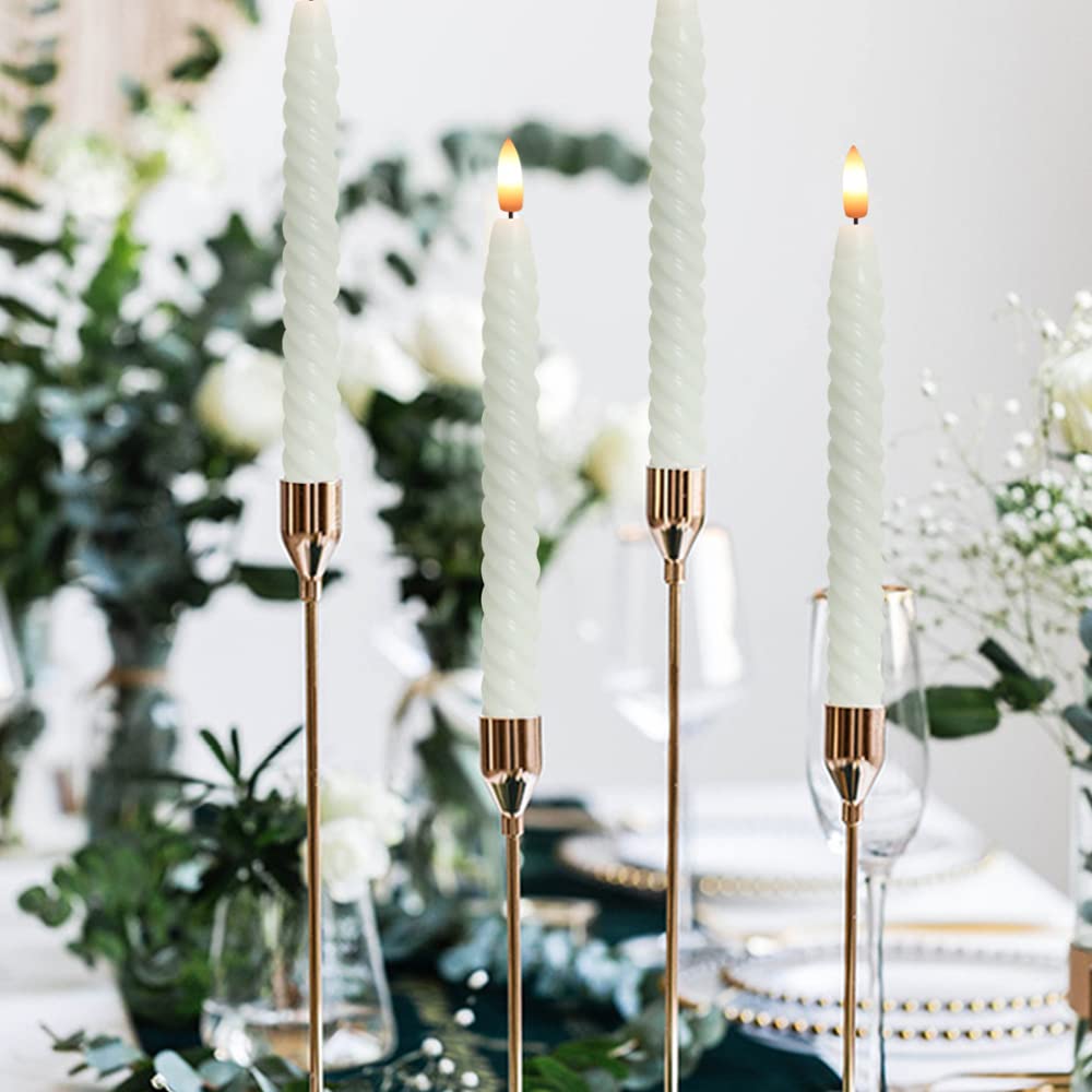 Lasumora Flameless Taper Candles Flickering with Remote Timer, LED Taper Candles Battery Operated Warm 3D Wick Spiral Window Candles 6 Pack Real Wax Wedding Home Birthday Christmas Decor 9.8" White