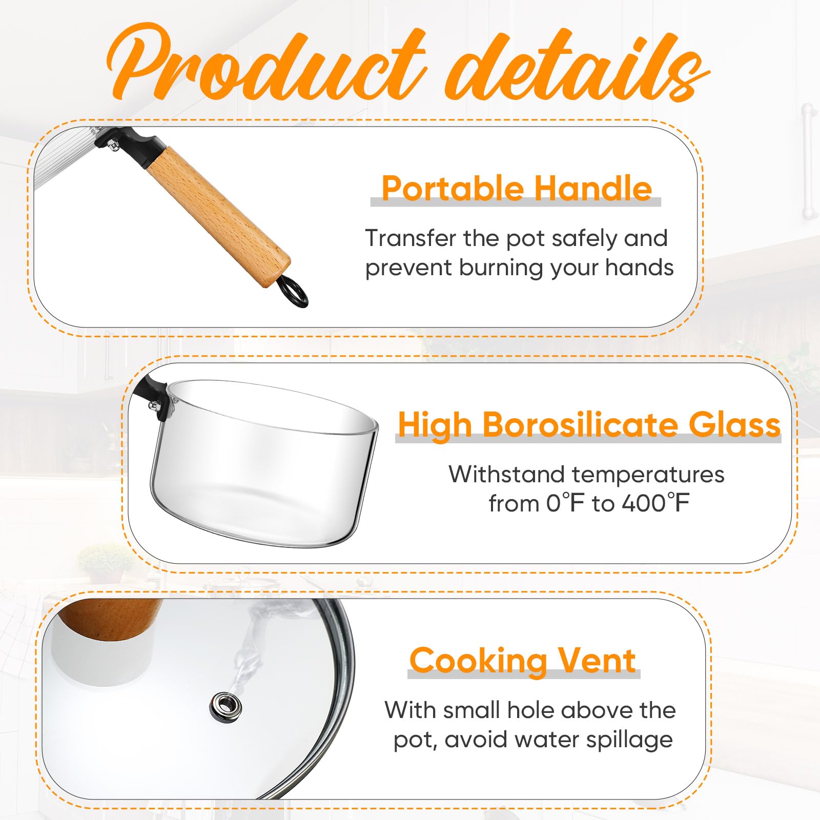 Baderke Small Glass Pot for Cooking with Steamer Lid Brush Spoon Set Glass Cooking Pan for Pasta, Soup, Vegetable, Gravies, Vegetable and More(Style 1)