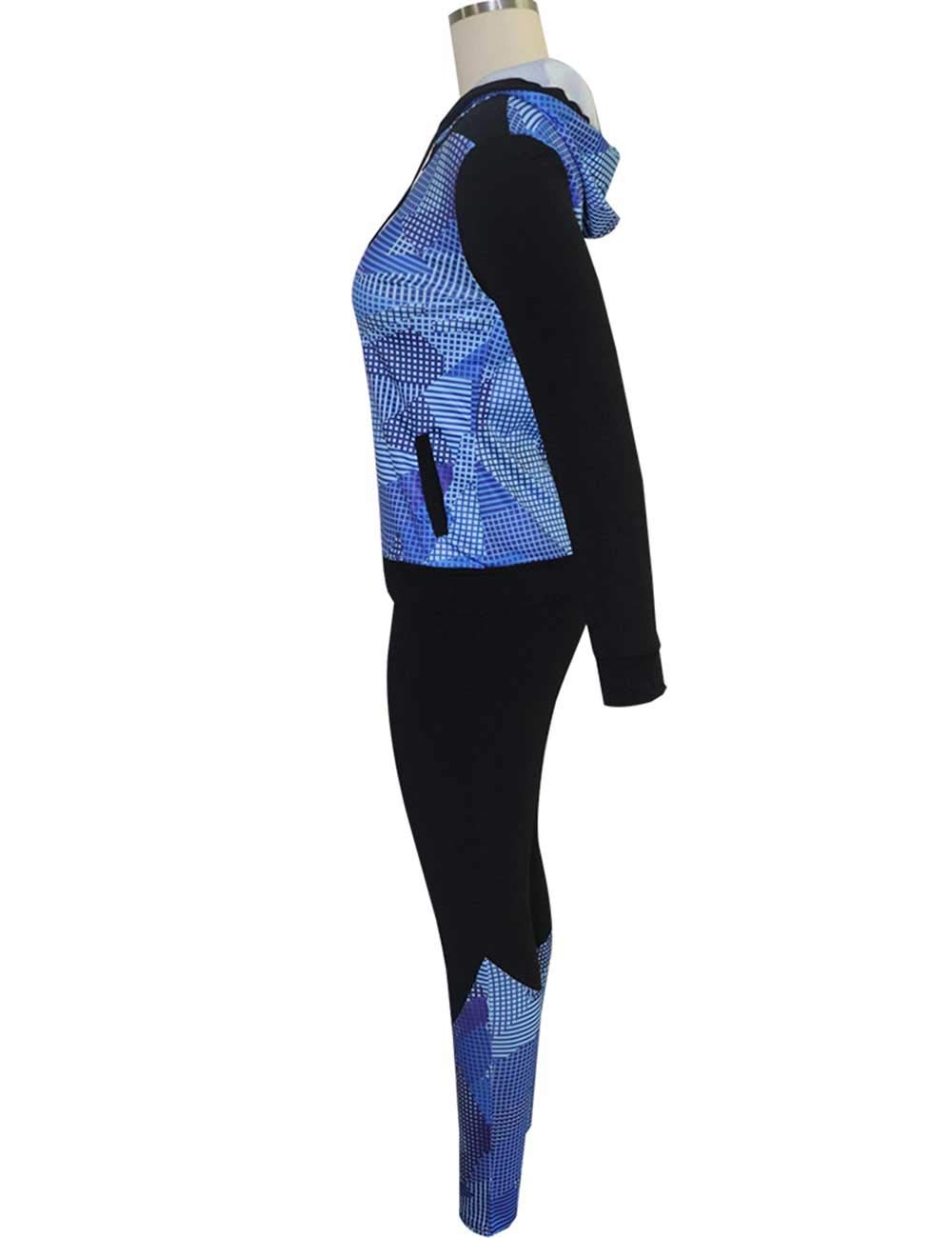 Akmipoem Autumn Long Sleeve 2 Piece Outfit Full Zip Up Jacket+Skinny Pants Set for Young Ladies Blue L