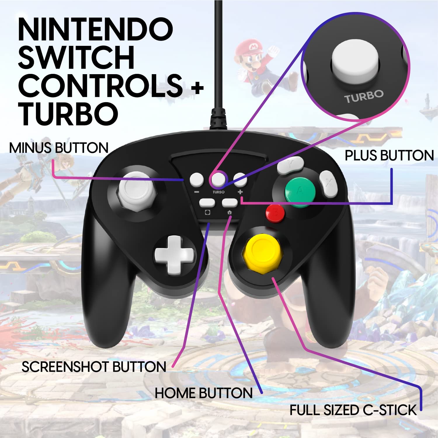 TalkWorks Wired GameCube Controller - Gaming Controller Compatible with Nintendo Switch - USB-A Connection - Nintendo Switch Controls And Turbo Function - 9ft Cable - Black
