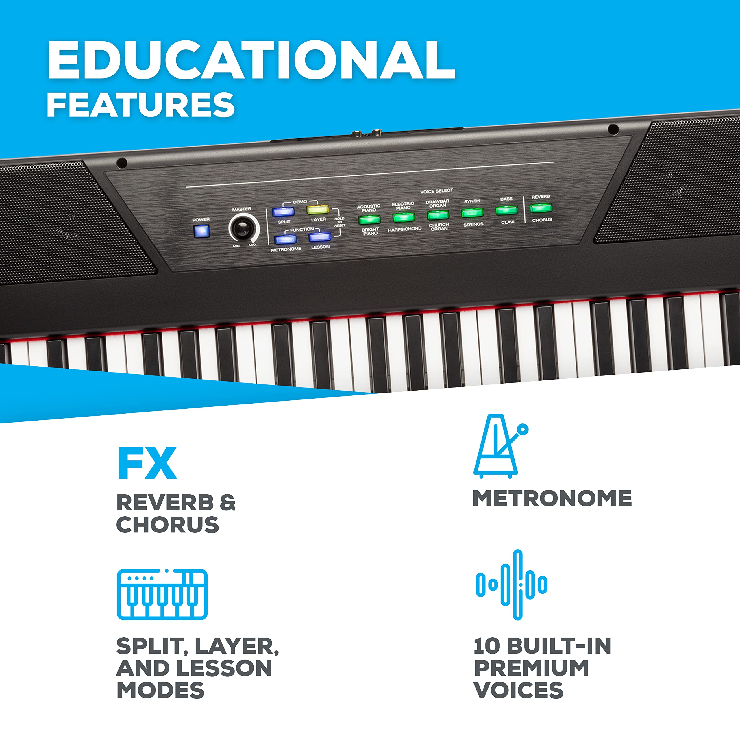 Alesis Recital 61 – 61 Key Digital Piano Keyboard with Semi Weighted Keys, 20W Speakers, 10 Voices, Split, Layer and Lesson Mode, FX and Piano Lessons
