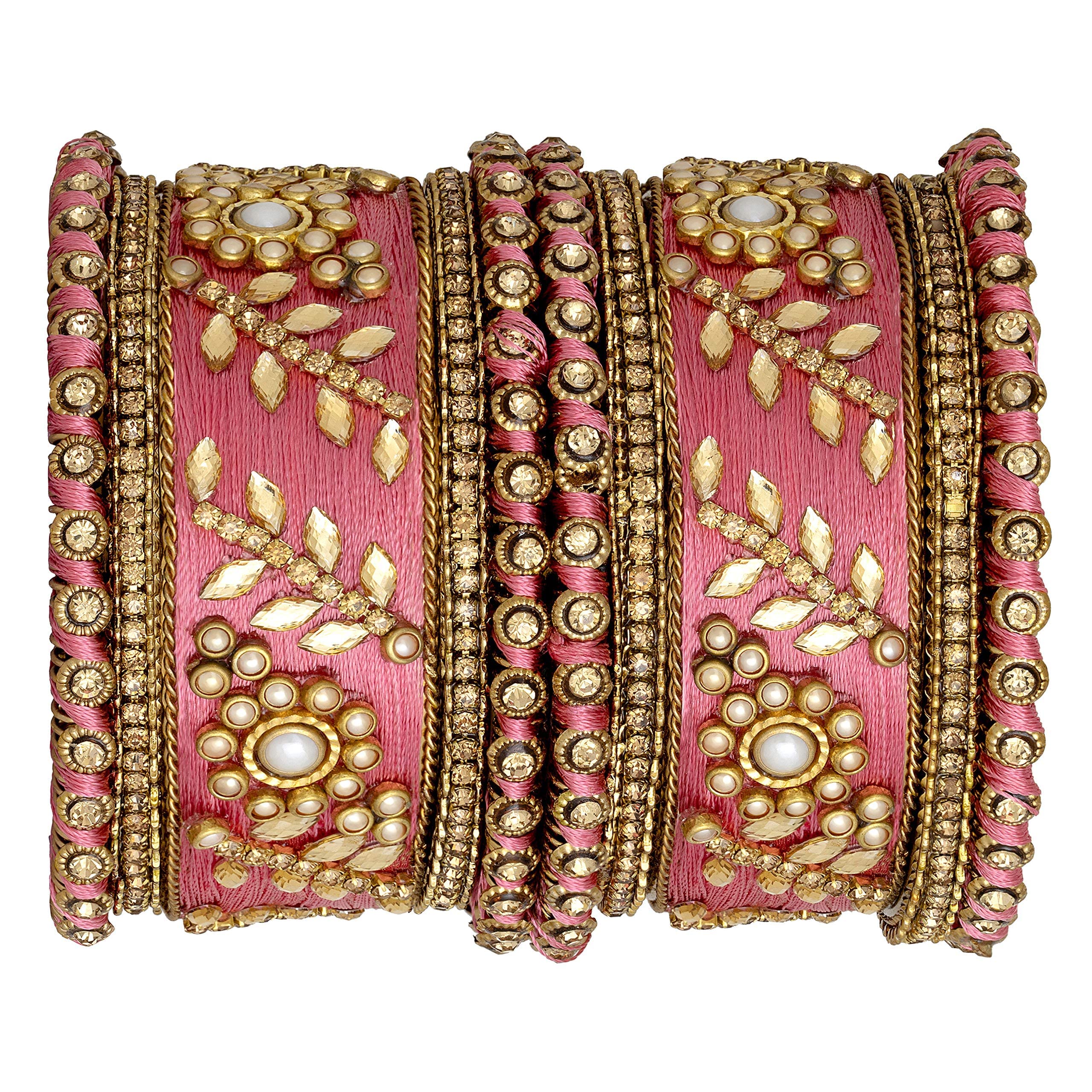 Aheli Traditional Wedding Designer Silk Thread Faux Stone Studded Bridal Bangle Set Chuda Indian Ethnic Bollywood Fashion Jewelry for Women (Pink)