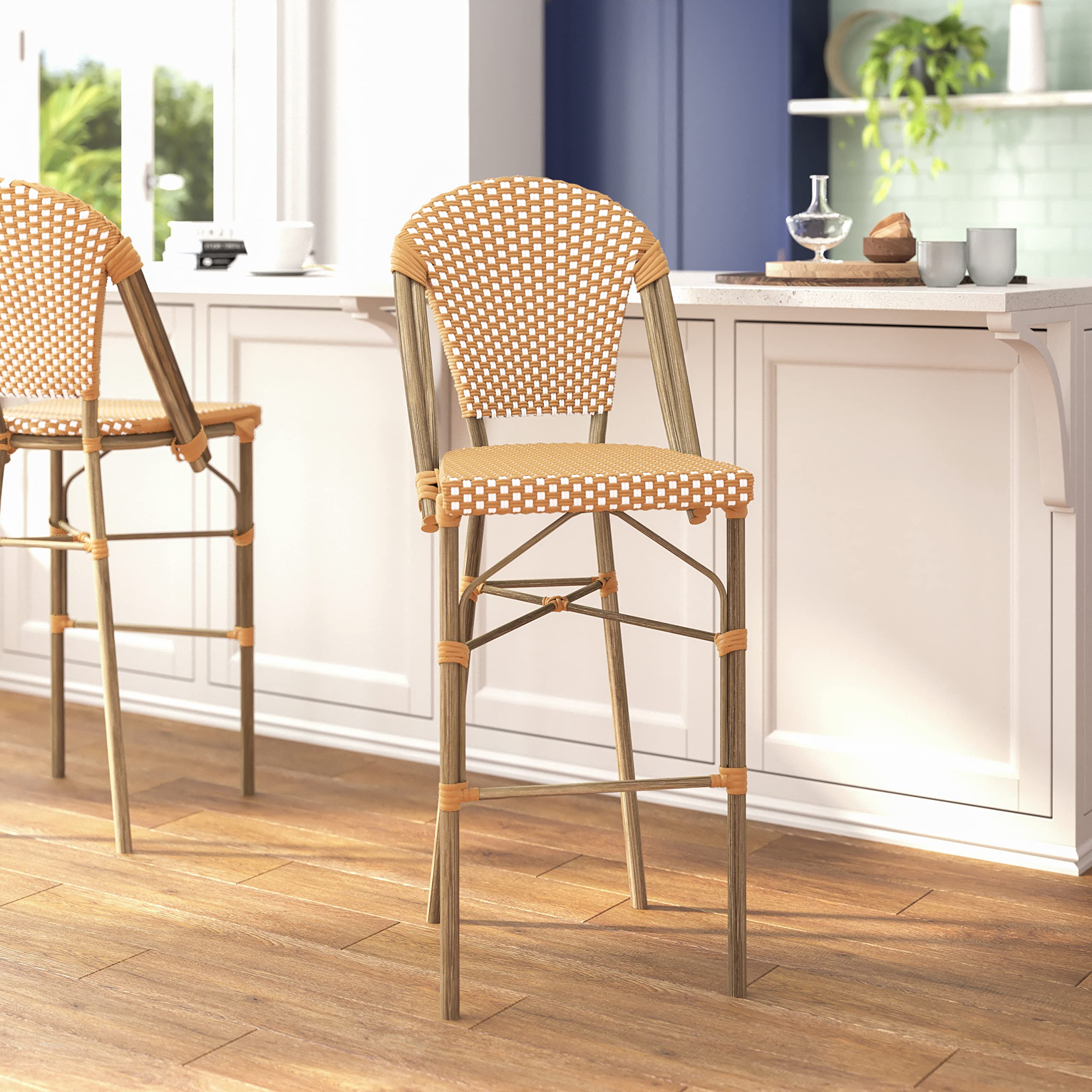 Flash Furniture Lourdes Commercial Grade Bistro Barstool, Stackable Indoor/Outdoor Dining Stool, 30"High, Natural/White & Light Natural Finish, Set of 2