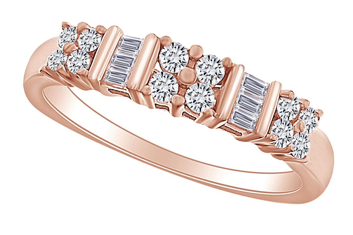 AFFY 1/4 Carat CT Baguette/Round White Natural Diamond Set Engagement Wedding Band Ring For Womens In 14k Solid Rose Gold (I-J Color, I2-I3 Clarity, 0.25 Cttw) Ring Size-6
