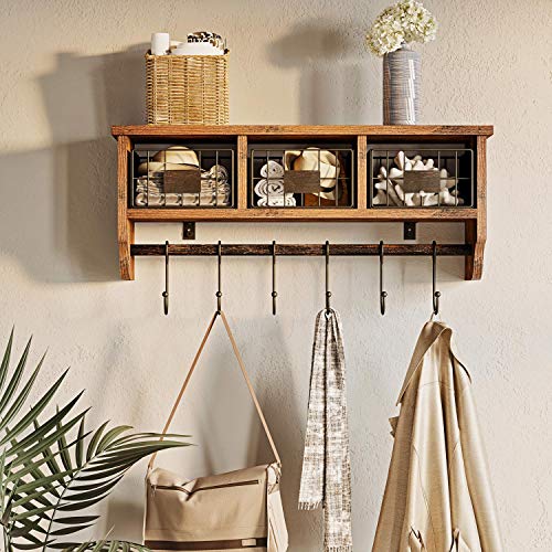 Rolanstar Wall Mounted Shelf with Hooks, Entryway Organizer Shelf with Storage Basket, Wall Mount Coat Rack with 6 Hooks, 24β Coffee Bar Hanging Shelf for Living Room,Bathroom,Kitchen,Rustic Brown