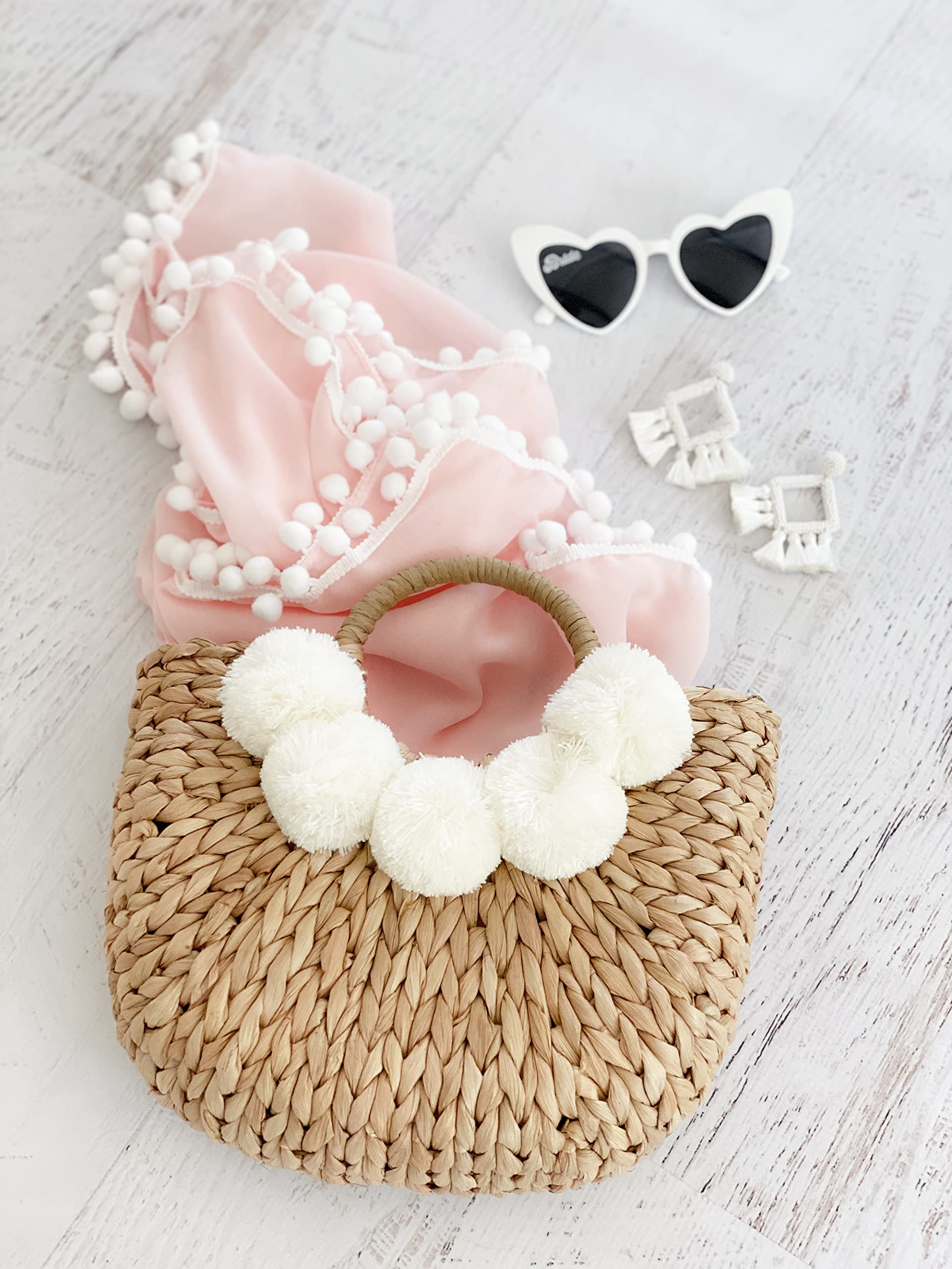ModParty Boho Chic Straw Bag with Pom Poms Hand-Woven Sound Handle Purse Summer Beach Bag for Women (White Pom Poms)