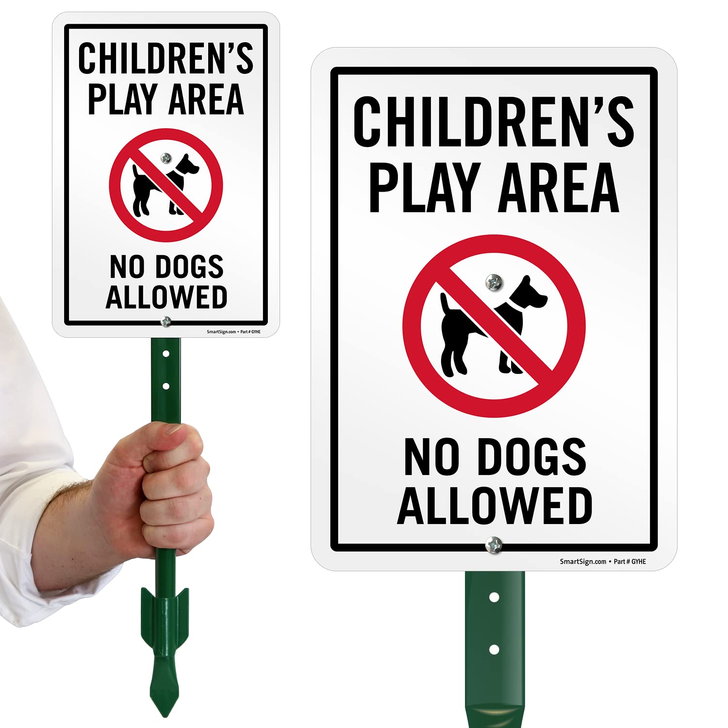 SmartSign 10 x 7 inch “Children's Play Area, No Dogs Allowed” LawnPuppy Yard Sign and 18 inch Stake Kit, 40 mil Laminated Rustproof Aluminum, Red/Black on White, Set of 1, Made in USA