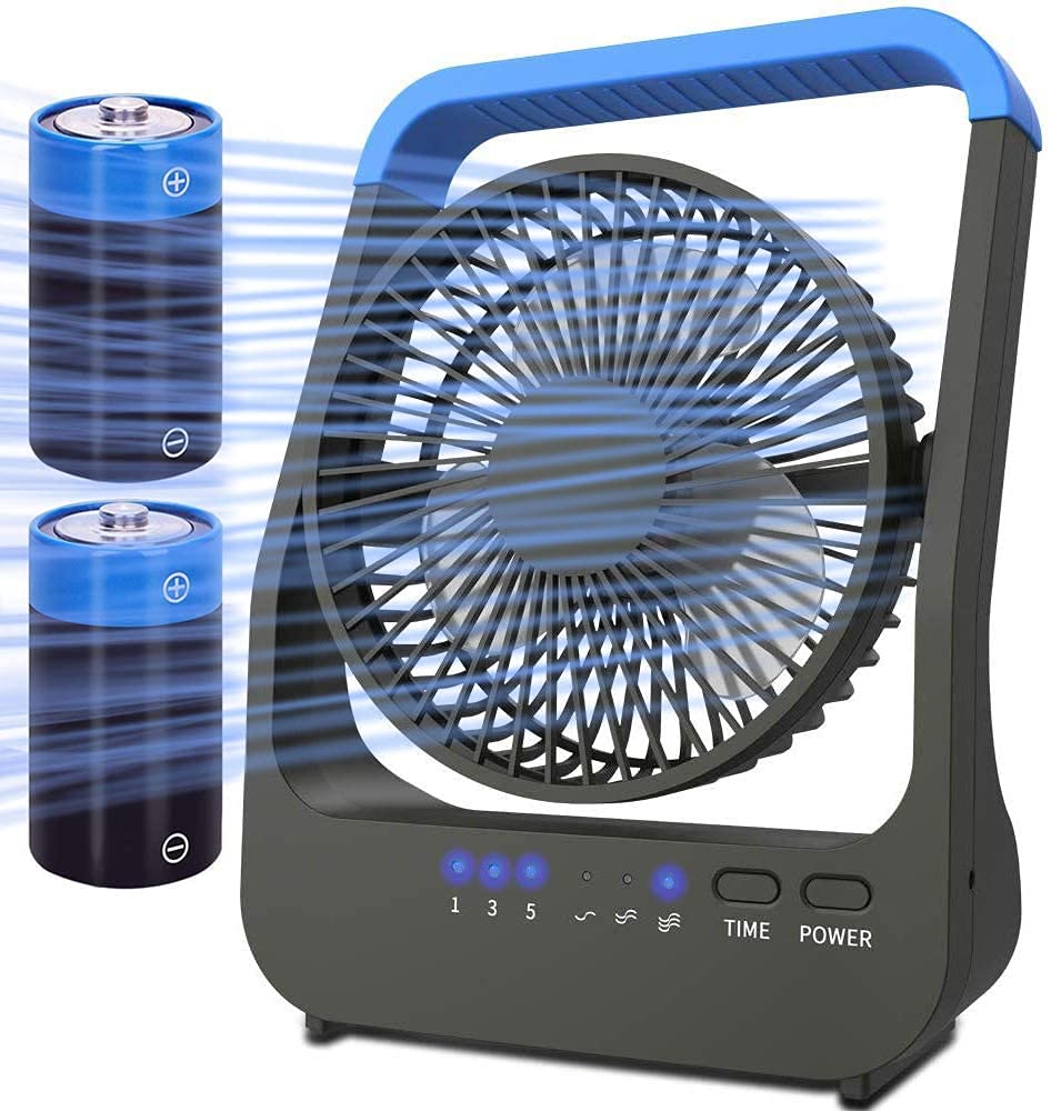 LAVESO D-cell Battery Operated Fan, Super Long Lasting Battery Powered Fan, 5 inch Portable Camping Fan, USB Desk Fan for Office Bedroom Workshop Outdoor, Quiet, 3 Speeds, Timer
