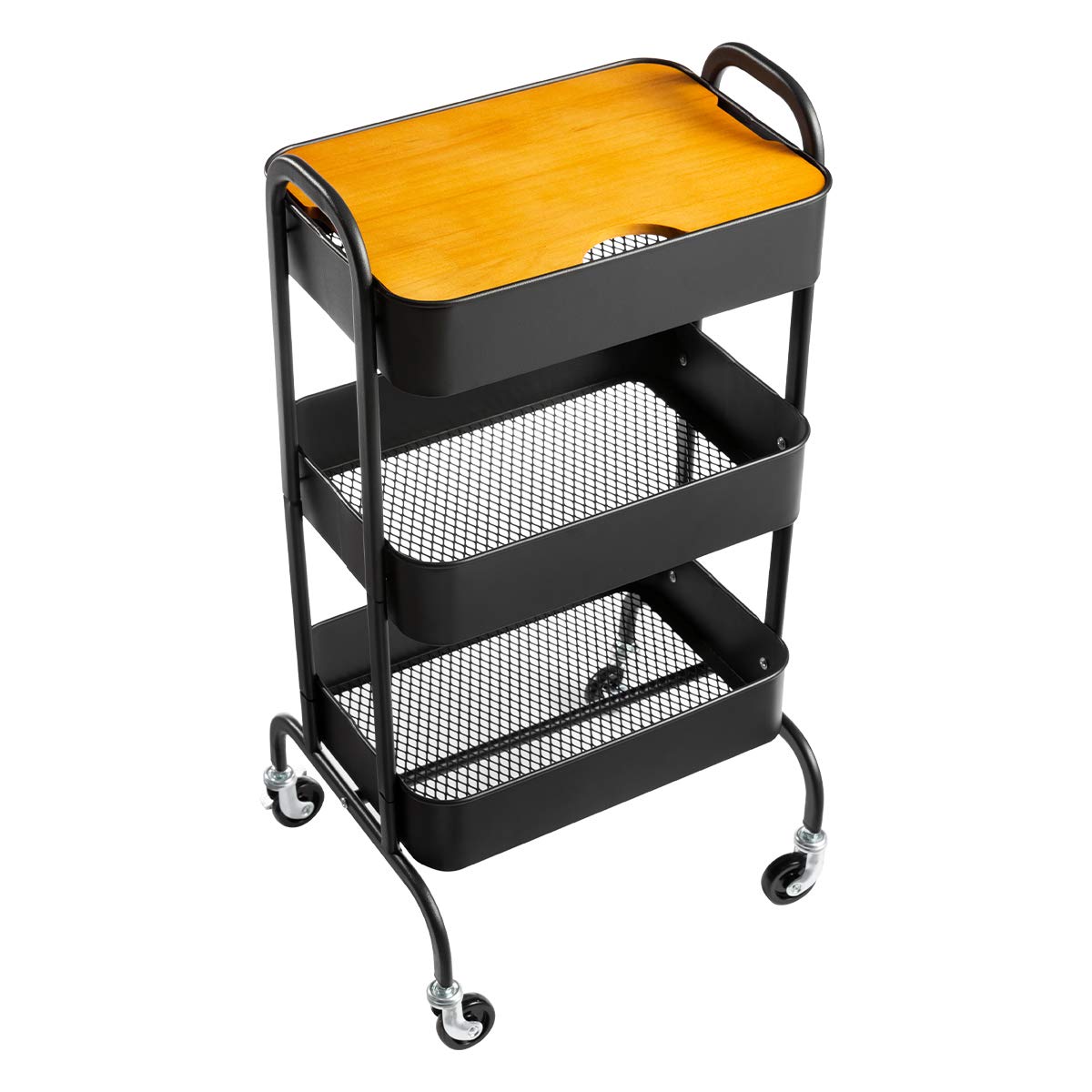 AGTEK 3-Tier Metal Utility Cart with Wheels, Black Storage Rolling Cart with Handles, Movable Makeup Cart with Plants