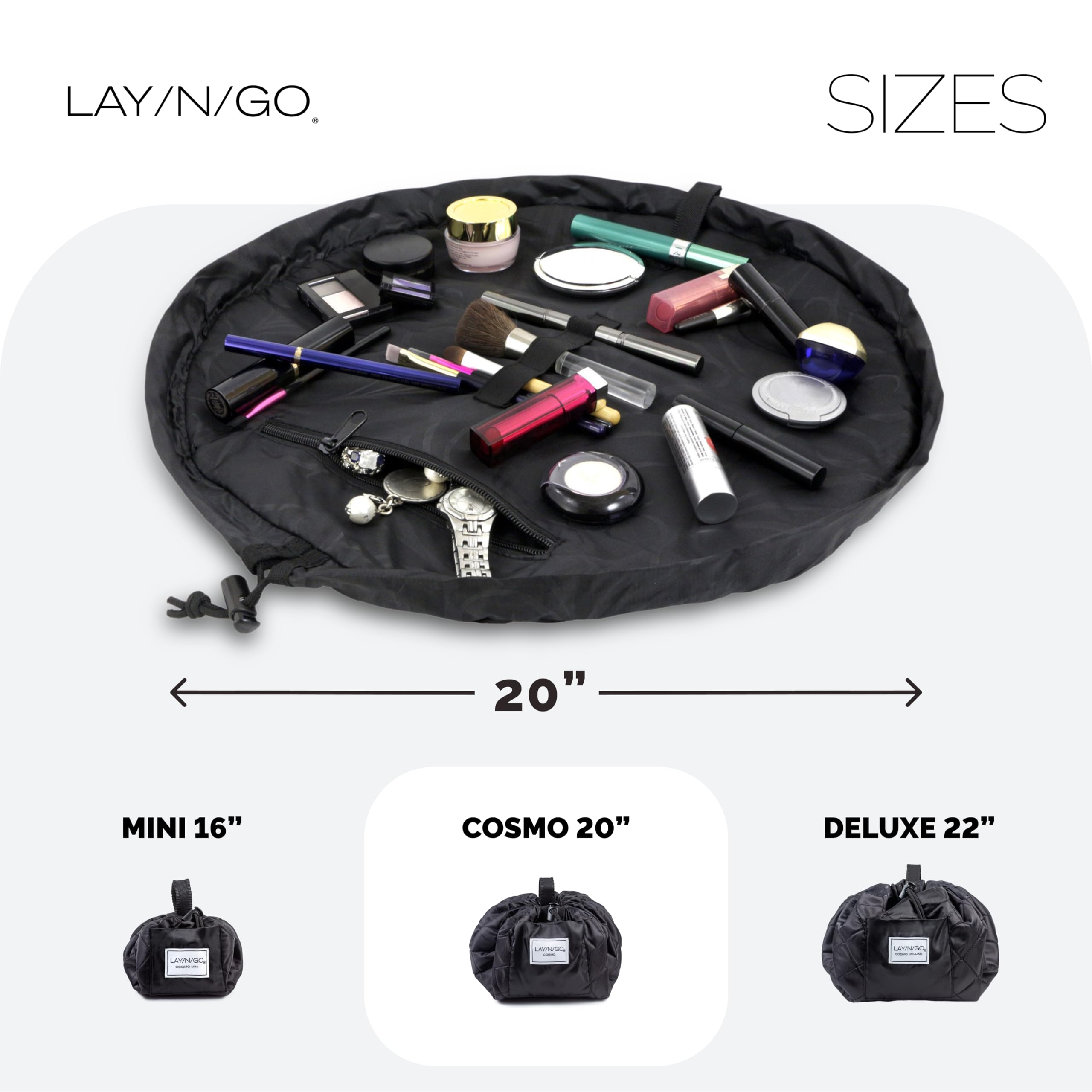 Lay-n-Go Cosmo Drawstring Cosmetic & Makeup Bag Organizer - Portable Drawstring Makeup Bag w/Zipper Pocket, Makeup Loops & More - Durable, Machine Washable Makeup Bag for Travel (20β, Black)