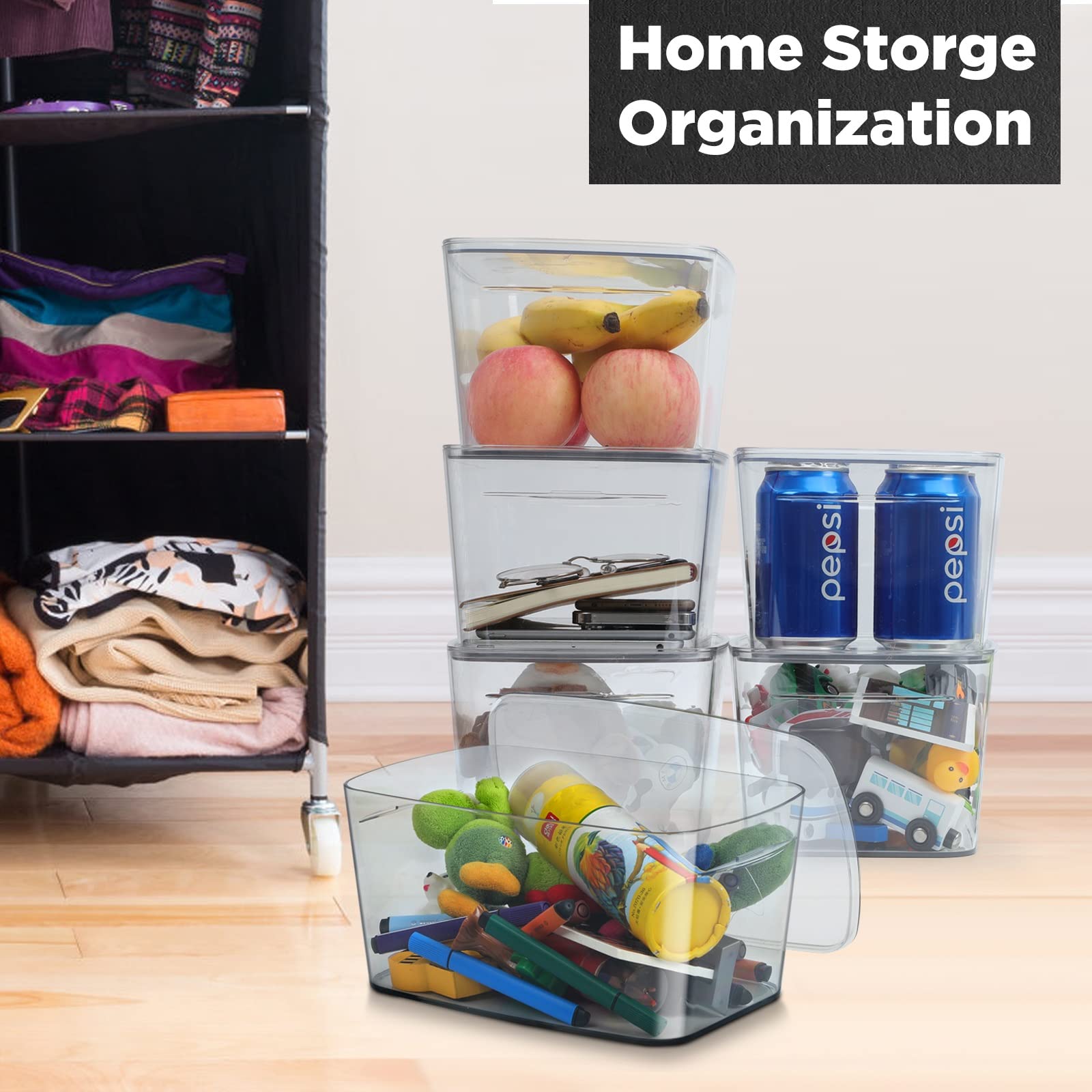 AREYZIN Set of 6 Lidded Plastic Storage Baskets + 6 Pack Clear Storage Bins Freezer Organizer Bins Pantry Organization and Storage