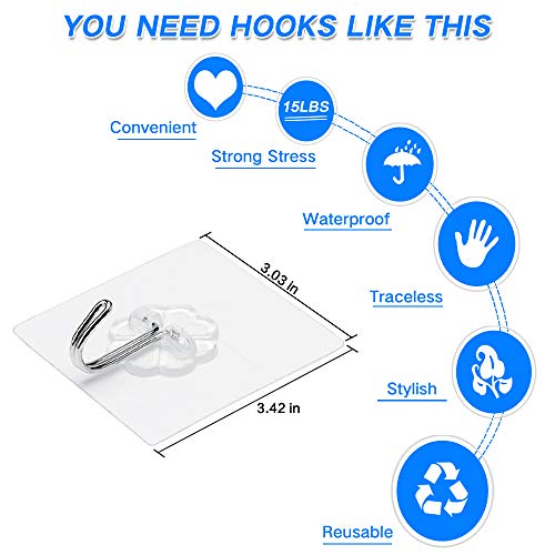 ZCgel Adhesive Wall Hooks - 10 Pack Heavy Duty 15lb(Max, Transparent Removable Utility Hooks Waterproof Sticky Hooks for Hanging Decoration Bedroom Bathroom Kitchen Garage