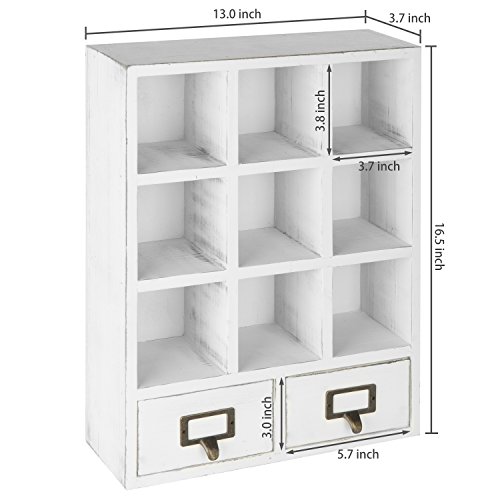 MyGift Wall-Mounted Wood Shadow Box Shelf - Vintage White Wooden Table Top Display Organizer with 2 Pull Out Drawers