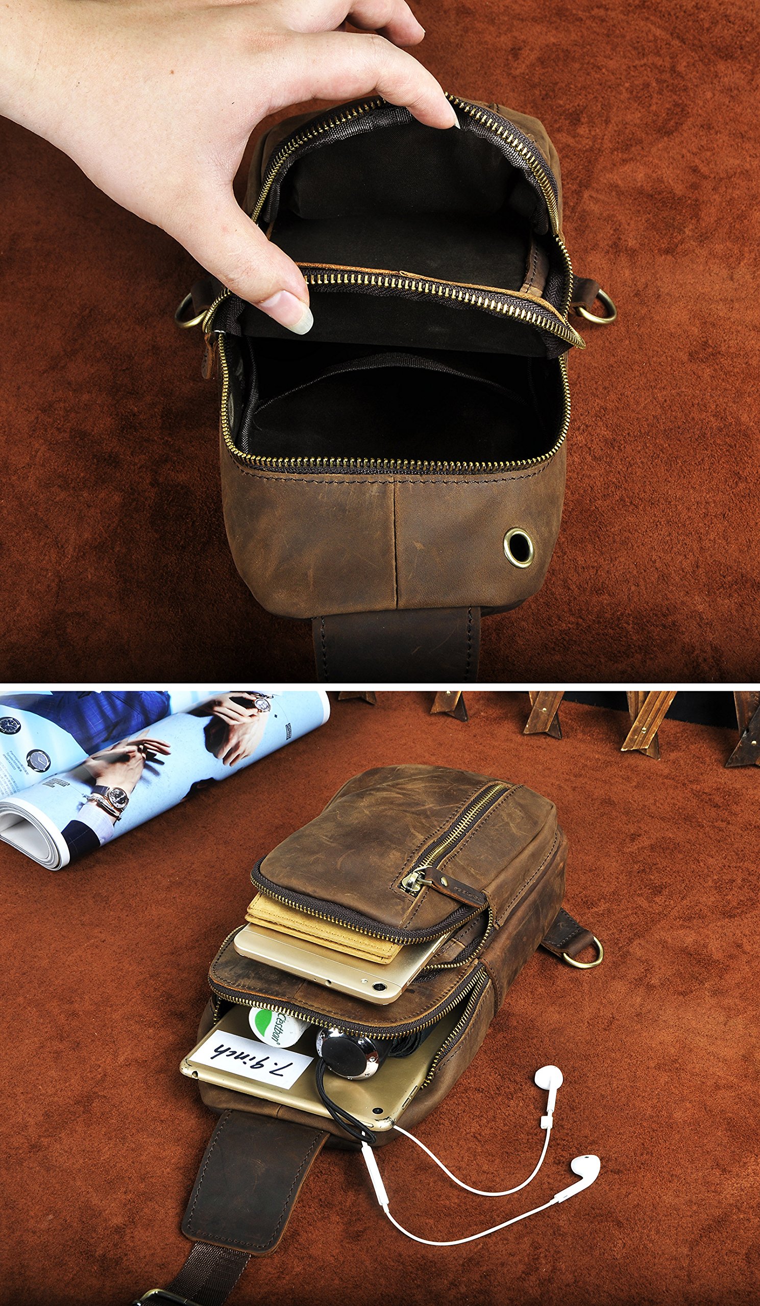 Le'aokuu Men Outdoor Casual Travel Hiking Tea Crossbody Chest Sling Bag Rig One Shoulder Strap Bag Backpack Men Leather