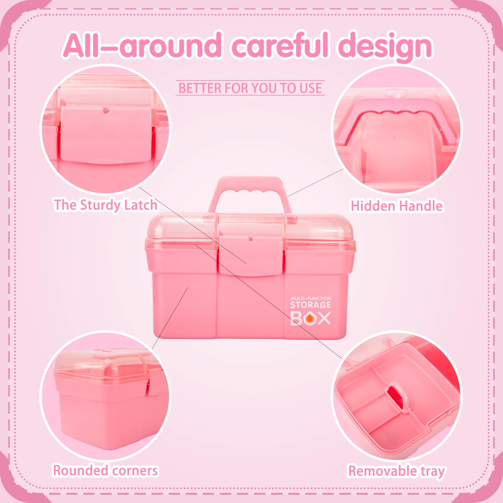 TERGOO 11in Mutipurpose Storage Box Organizer with Removable Tray, Portable Small Craft Box with Handle, Plastic Clear Tool Box Art Case for Makeup, Sewing, Nail, Hair Accessories (Pink)