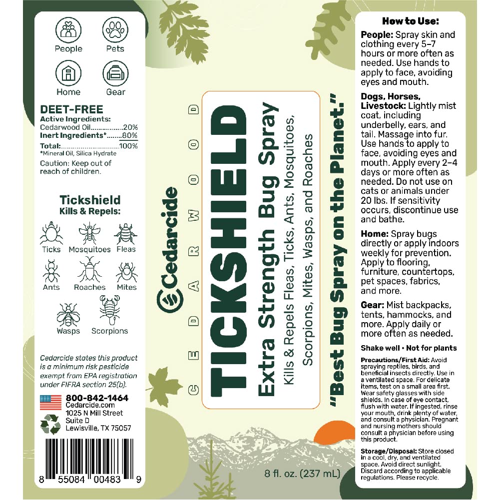 Cedarcide Extra-Strength Tickshield Kit | Deep Woods Cedar Oil Spray Kills & Repels Ticks, Fleas, Chiggers & Mosquitoes | Safe for People & Pets | Natural Essential Oils | Small