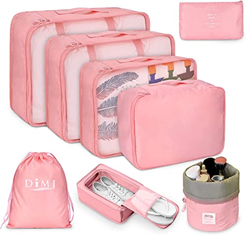 DIMJ Packing Cubes for Travel, 8Pcs Travel Cubes Set Pink Foldable Suitcase Organizer Lightweight Luggage Storage Bag