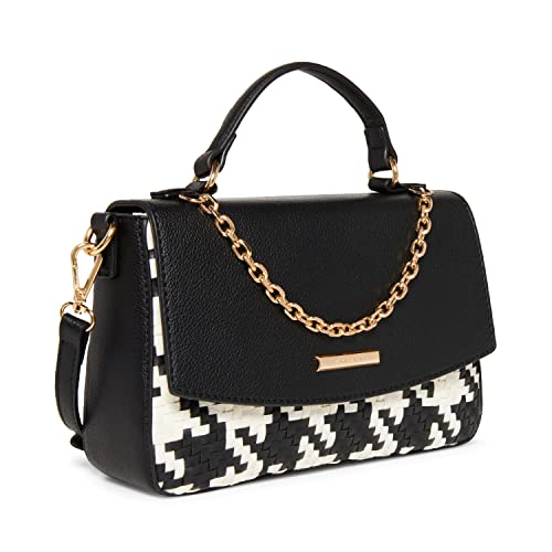 Anne Klein Woven Houndstooth top Handle Satchel w/Swag Chain, Black-White Weave/Black