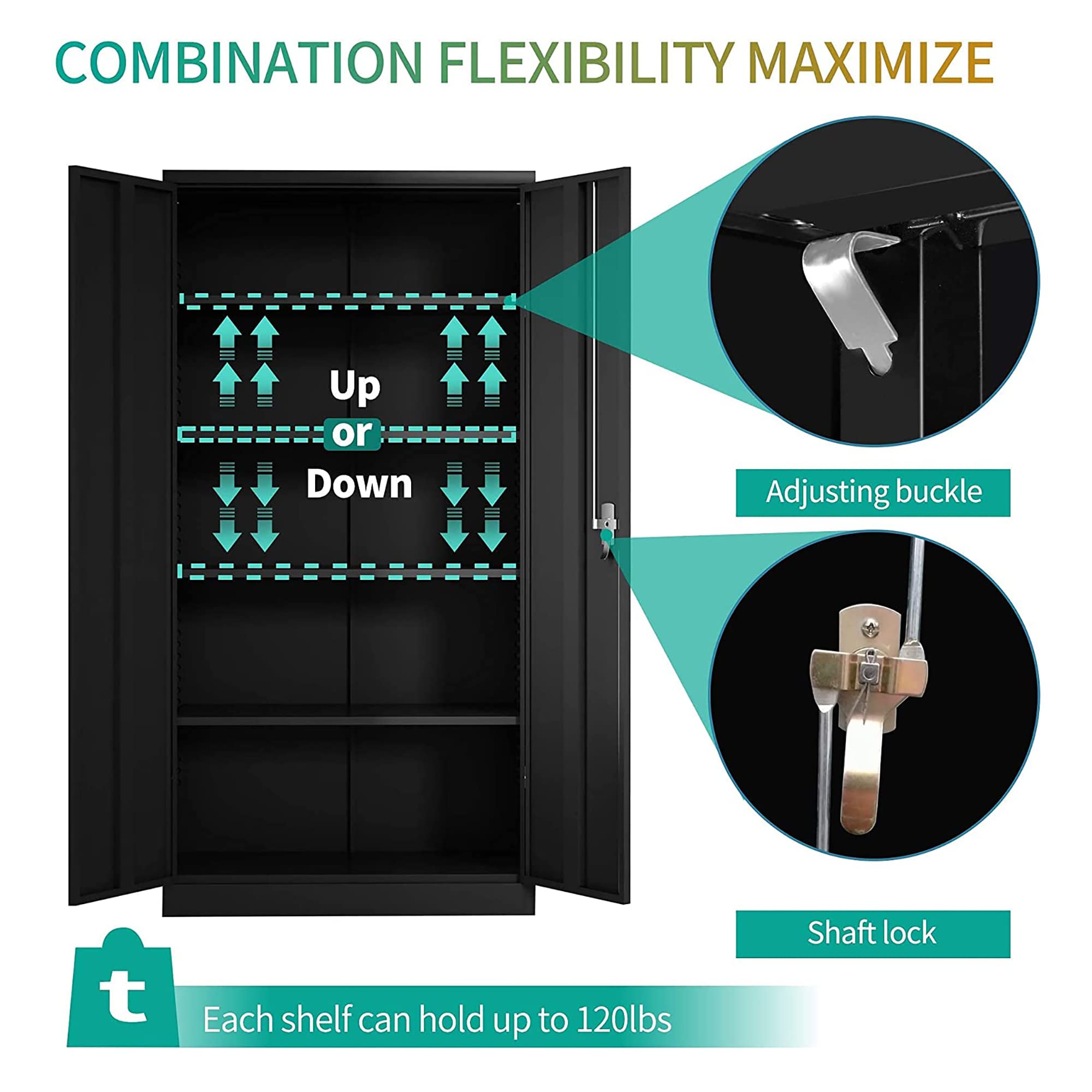 Aobabo 72 Inch Tall 2 Door Durable Locking Metal Storage Cabinet Organizer with 4 Adjustable Shelves and 2 Keys for Garages and Offices, Black