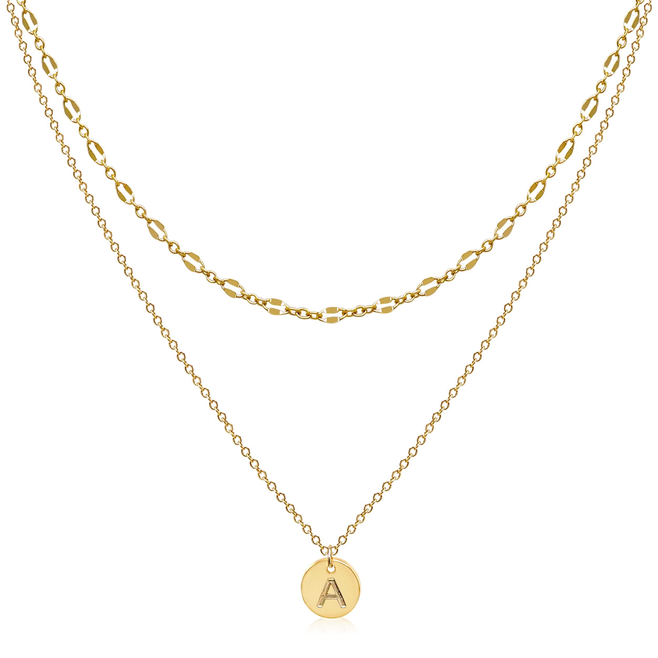 Aisansty Layered Initial Choker Necklace 14K Gold Plated Dainty Lace Chain Disc Pendant Gold Necklaces for Women(A)
