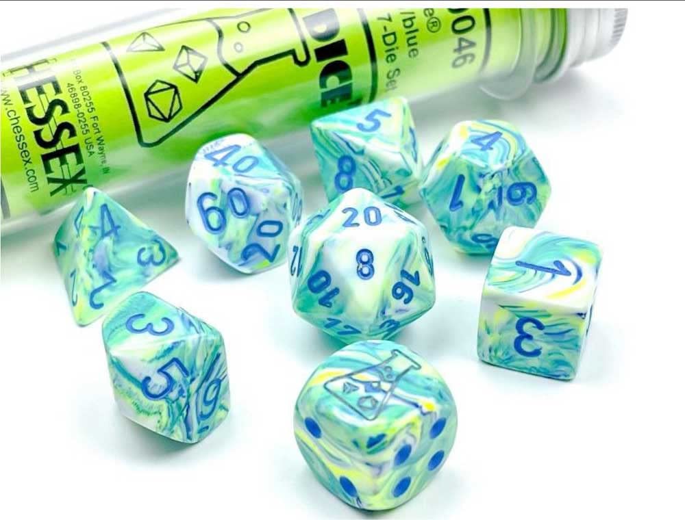 Garden Festive Luminary Dice with Blue Numbers 7+1 Dice Set 16mm (5/8in) Limited Edition Lab Dice Chessex
