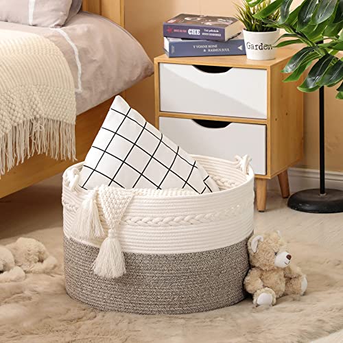 KAKAMAY Large Cotton Rope Blanket Basket (20"x13"),Woven Baby Laundry Hamper,Blanket Basket for Nursery, Laundry, Living Room, Pillows, Toys with Handles (White/Beige)