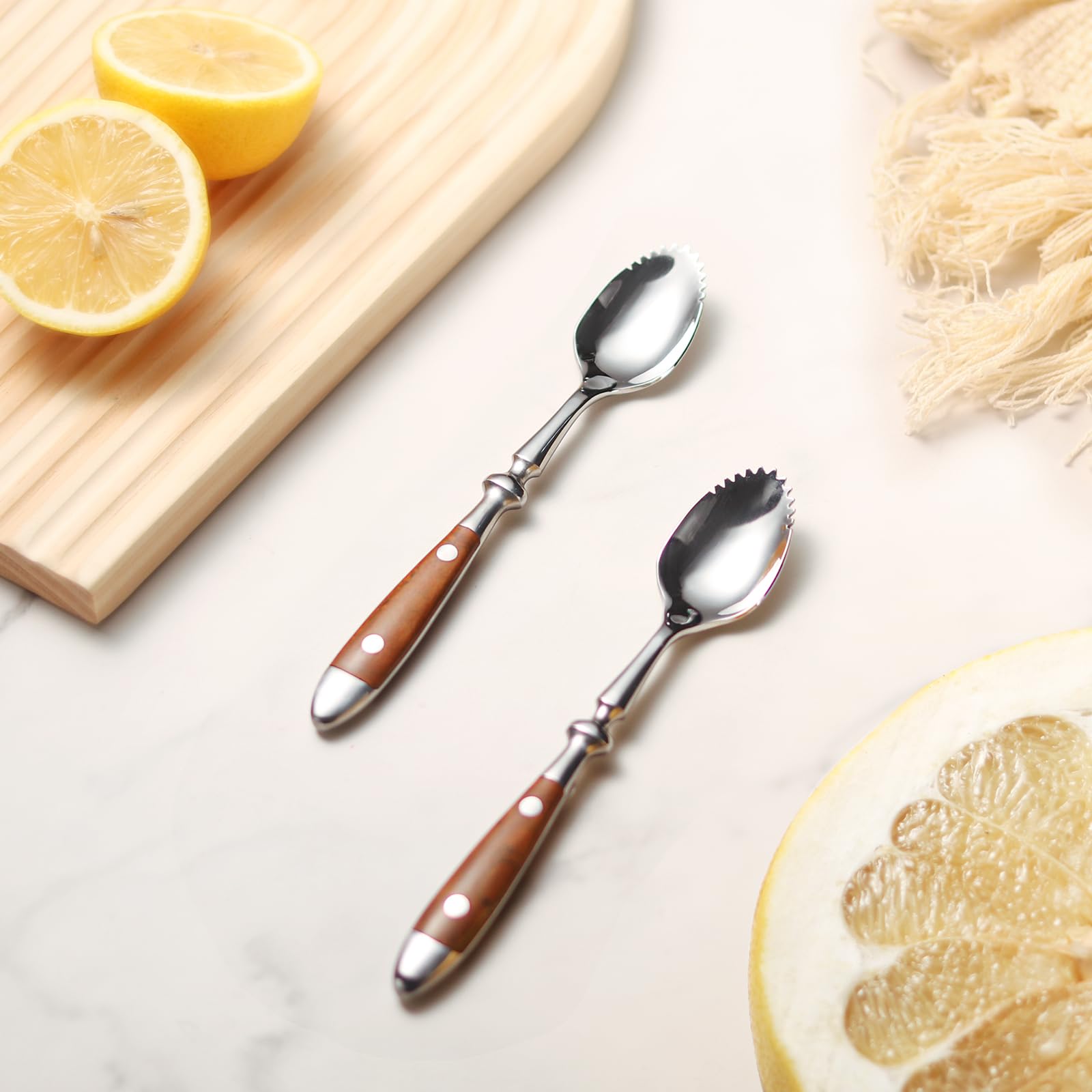 CherHome Grapefruit Spoons,4pcs Serrated Grapefruit Spoon Scoop,Premium Stainless Steel 18/8 Fruit Spoon Kiwi Spoon with Comfortable Bakelite Handle,For Any Citrus&Grapefruits,Wood Grain Handle