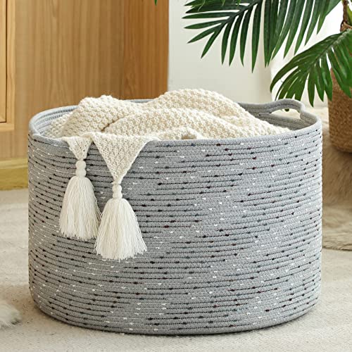 KAKAMAY Large Cotton Rope Blanket Basket (20"x13"),Woven Baby Laundry Hamper,Blanket Basket for Nursery, Laundry, Living Room, Pillows, Toys(Jute/Black)