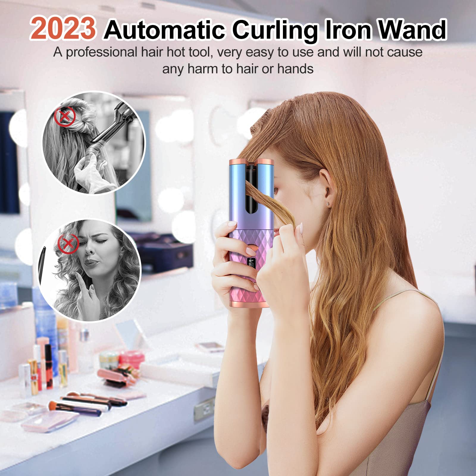 Automatic Curling Iron, Cordless Hair Curler with Adjustable Temperatures & Timers, Portable Auto Rotating Hair Curlers Wave Curling Wand, Rechargeable Ceramic Electric Hair Styling Tool