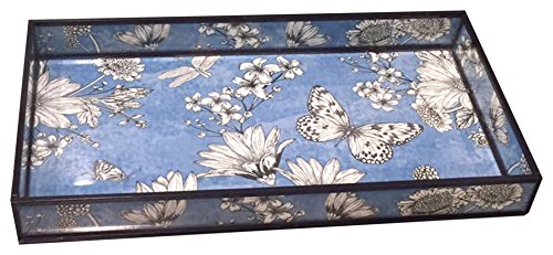 nu steel Decorative Glass Blue Printed Floral Tray, Hand Storage, Towel Rack, Sturdy Holder for Disposable Paper Napkins-Bathroom Vanity Countertop