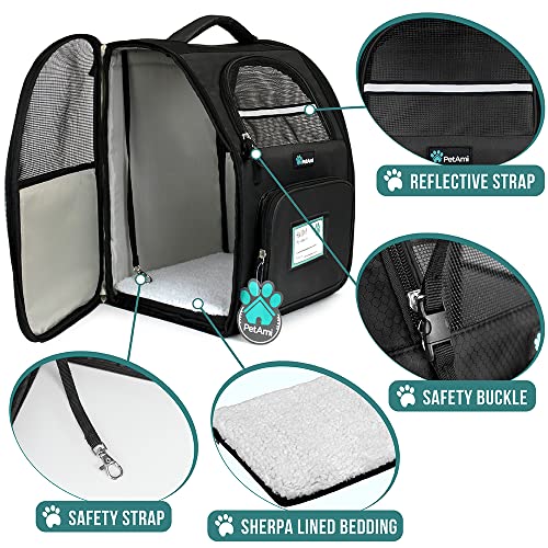 PetAmi Deluxe Pet Carrier Backpack for Small Cats and Dogs, Puppies | Ventilated Design, Two-Sided Entry, Safety Features and Cushion Back Support | for Travel, Hiking, Outdoor Use (Black)