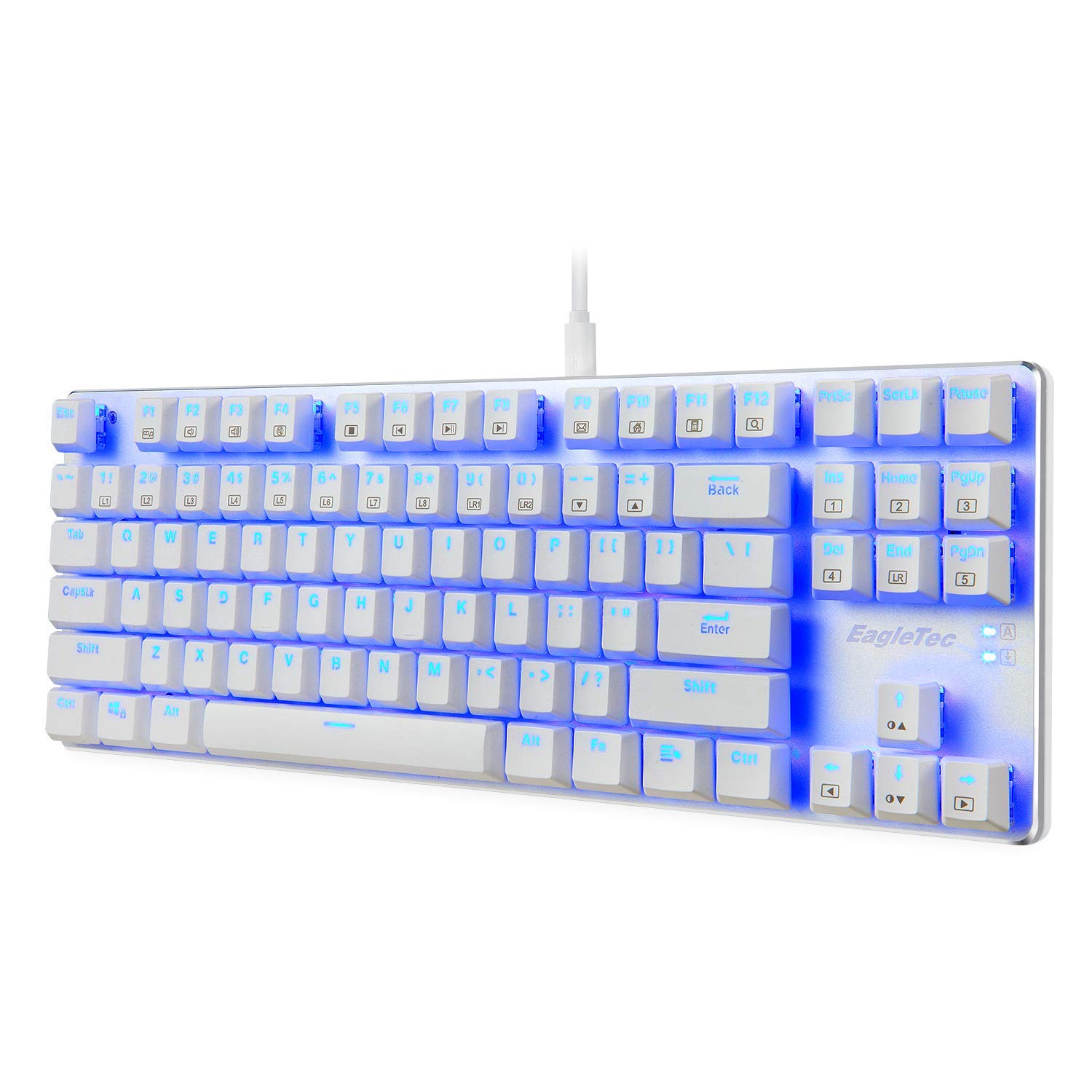 EagleTec KG061-BR BLUE LED Backlit Mechanical Gaming Keyboard Low Profile Mechanical Gamers Keyboard 87 Key Mechanical Computer USB Gaming Keyboard for PC (WHITE VERSION)