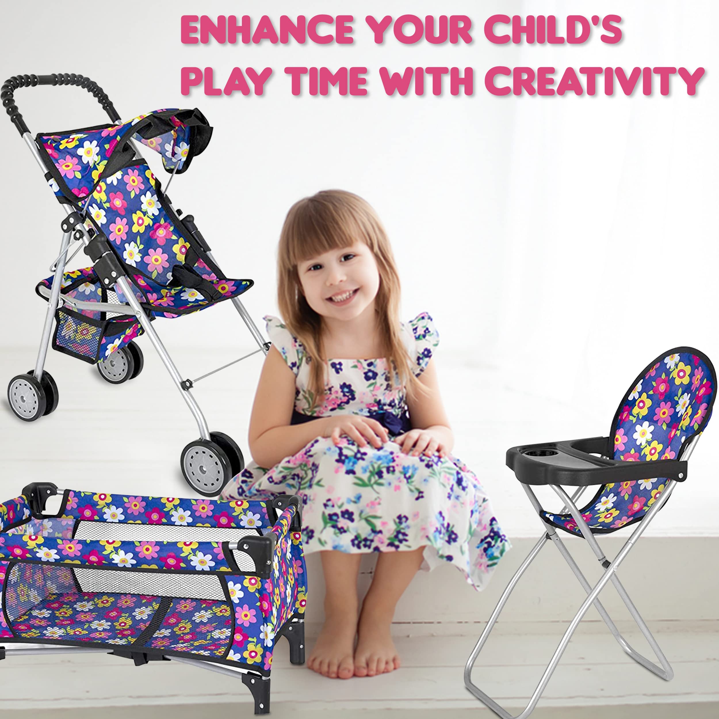 fash n kolor Doll 3 Piece Play Set Baby Doll Accessories - includes, 1 Pack N Play. 2 Doll Stroller. 3 Doll High Chair. Fits Up to 18'' Doll (Flower)