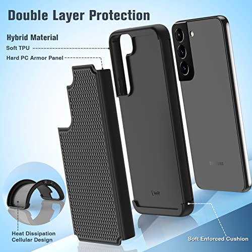 BNIUT for Samsung Galaxy S22 5G Case: Dual Layer Protective Heavy Duty Cell Phone Cover Shockproof Rugged with Non Slip Textured Back - Military Protection Bumper Tough - 6.1inch (Black Matte)