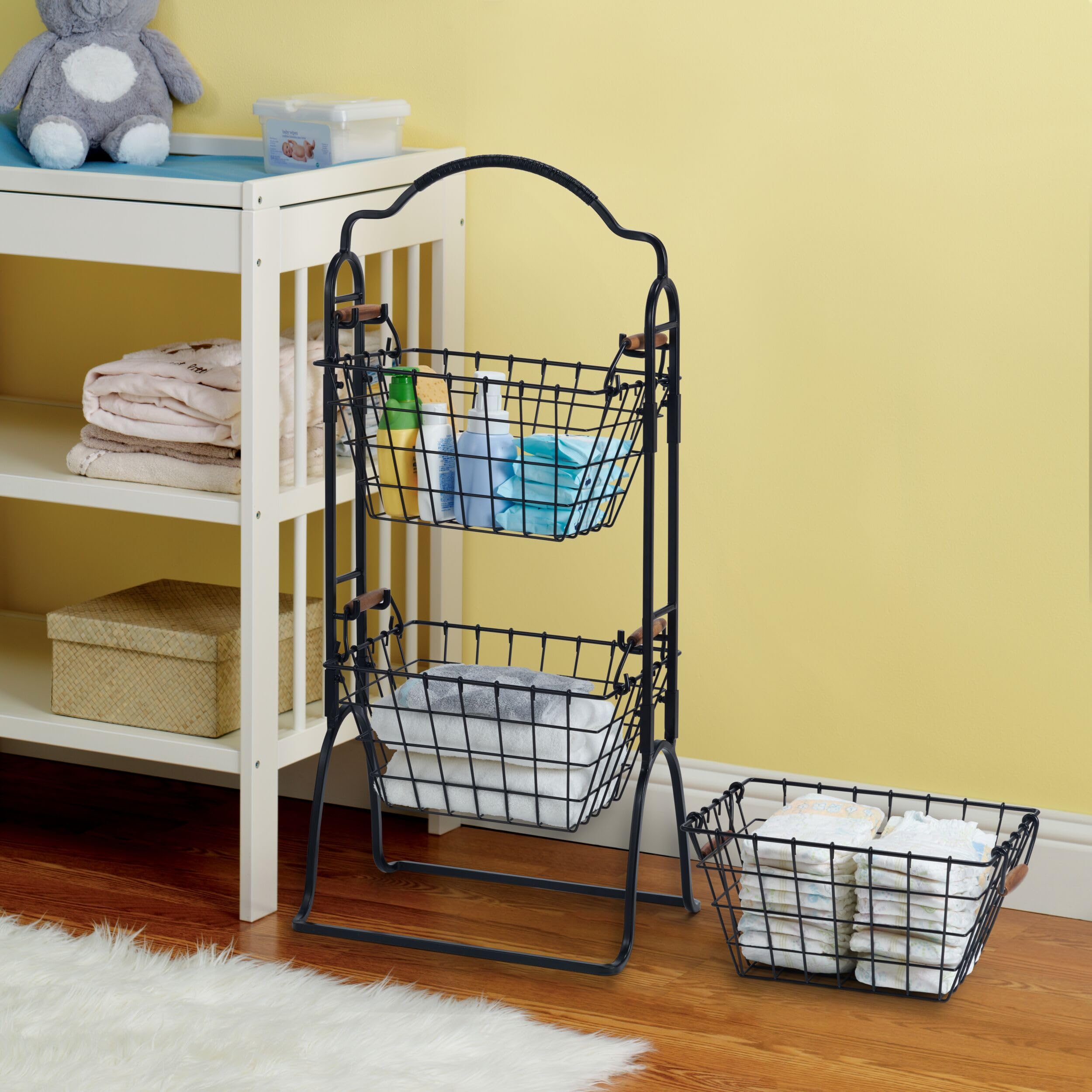 Gourmet Basics by Mikasa Pacific Floor Standing Storage Basket, 3 Tier, 48 x 16 x 13 Inch, Black
