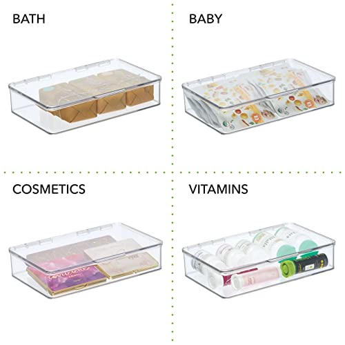 mDesign Plastic Stackable Rectangular Storage Container Bin with Hinged Lid for Organizing Kids Room, Play Room, Nursery; Holds Small Toys, Crayons, Puzzles - 4 Pack - Clear