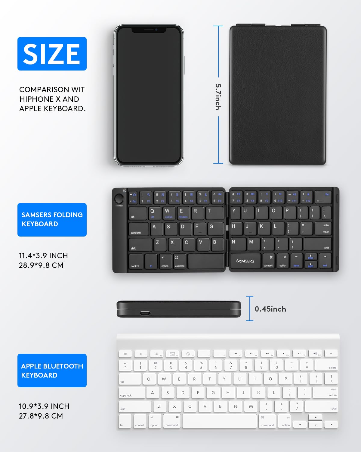 Samsers Foldable Bluetooth Keyboard - Portable Wireless Keyboard with Stand Holder, Rechargeable Full Size Ultra Slim Keyboard Compatible IOS Android Windows Smartphone Tablet and Laptop-Black