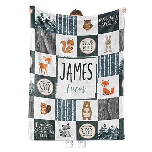 MDPrints Woodland Personalized Baby Blankets - Custom Baby Blanket with Name for Boys - Soft Plush Fleece (Woodland 214b)