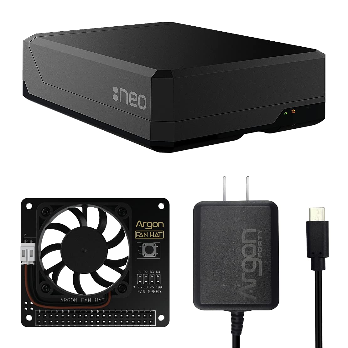 Argon NEO Case with Fan HAT and Power Supply (Type-C) for Raspberry Pi 4 | Supports Cooling Fan, Camera, and LCD Display | GPIO and PoE Pins are Accessible