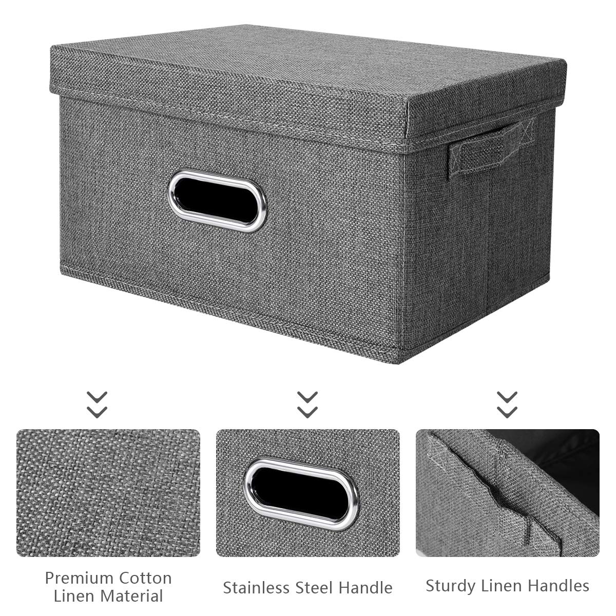 ANMINY 3 PCS Storage Boxes with Handles Removable Lids PP Plastic Board Foldable Lidded Cotton Linen Home Storage Cubes Bins Baskets Closet Clothes Toys Organizer Containers - Gray, Small Size
