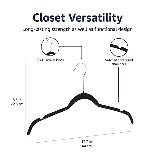 Amazon Basics Slim, Velvet, Non-Slip Shirt Clothes Hangers, Black/Silver - Pack of 50