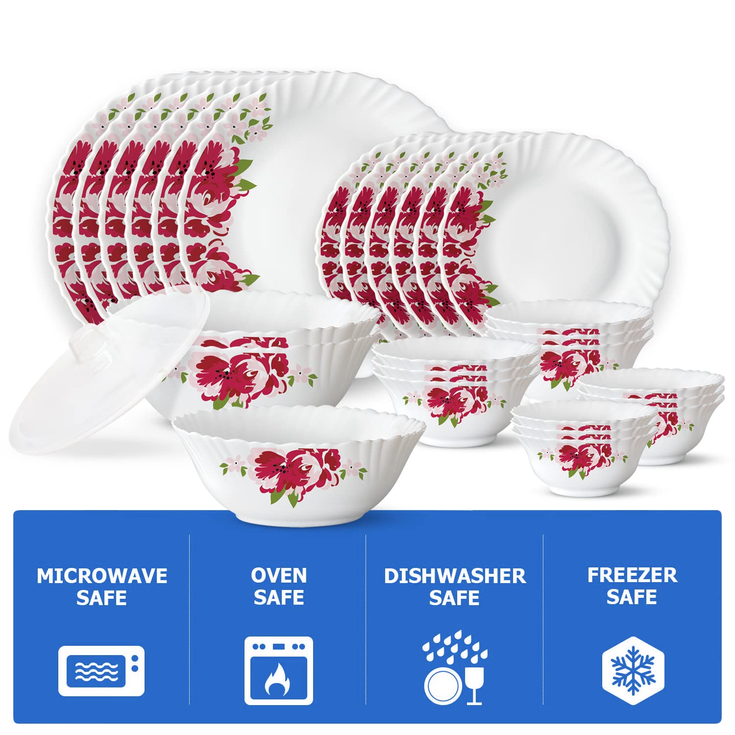 Borosil Gourmet Dinnerware Set For 6, 35 Pieces, White Dinner Plates and Bowls , Chip Resistant Tempered Opal Glass, Stain Resistant, Dishwasher & Microwave Safe Dinner Set For Gifting, Serves 6