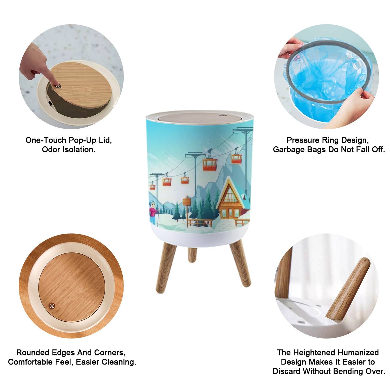Small Trash Can with Lid Winter vacation active weekend leisure in mountain resort cartoon Waste Bin with Wood Legs Press Cover Wastebasket Round Garbage Bin for Kitchen Bathroom Bedroom Office