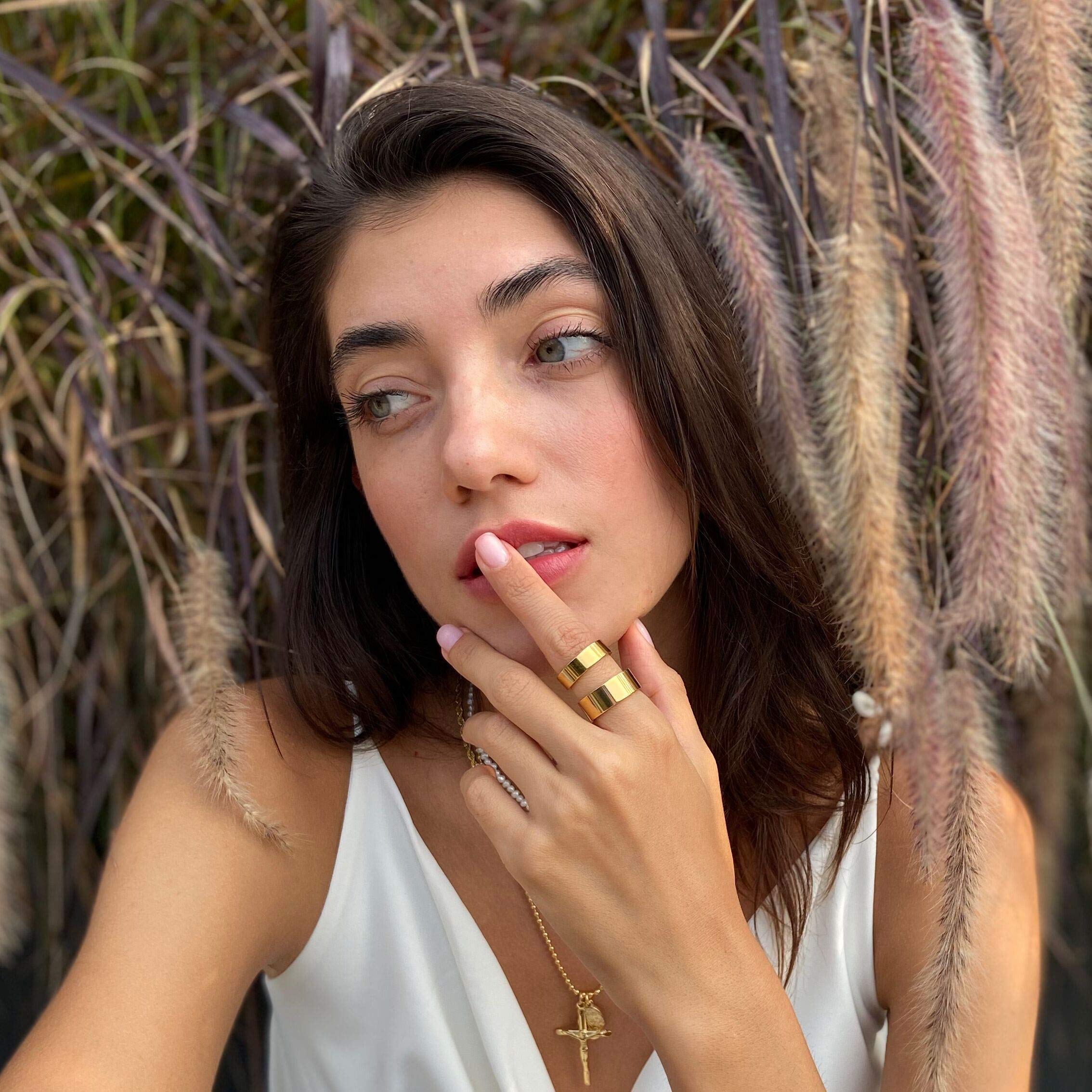 ailov Minimal 6mm Wide Flat Ring Band Stacking Jewelry 18K Gold-plated Cigar Statement Cuff Tube Band Ring (Gold, 7)