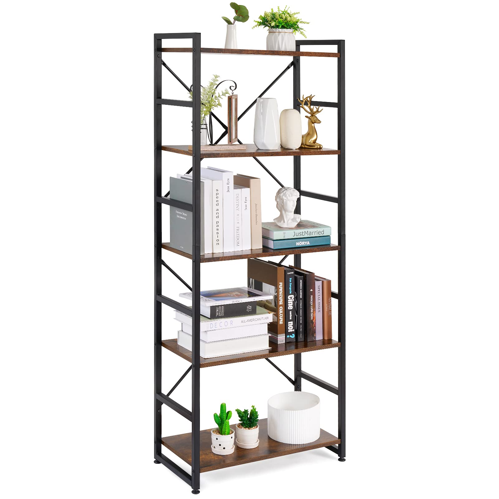 Haton Bookshelf, 5 Tier Industrial Rustic Wood Bookcase, Modern Standing Metal Frame Book Shelf for Living Room, Bedroom and Office, 5-Shelf, Brown/Black