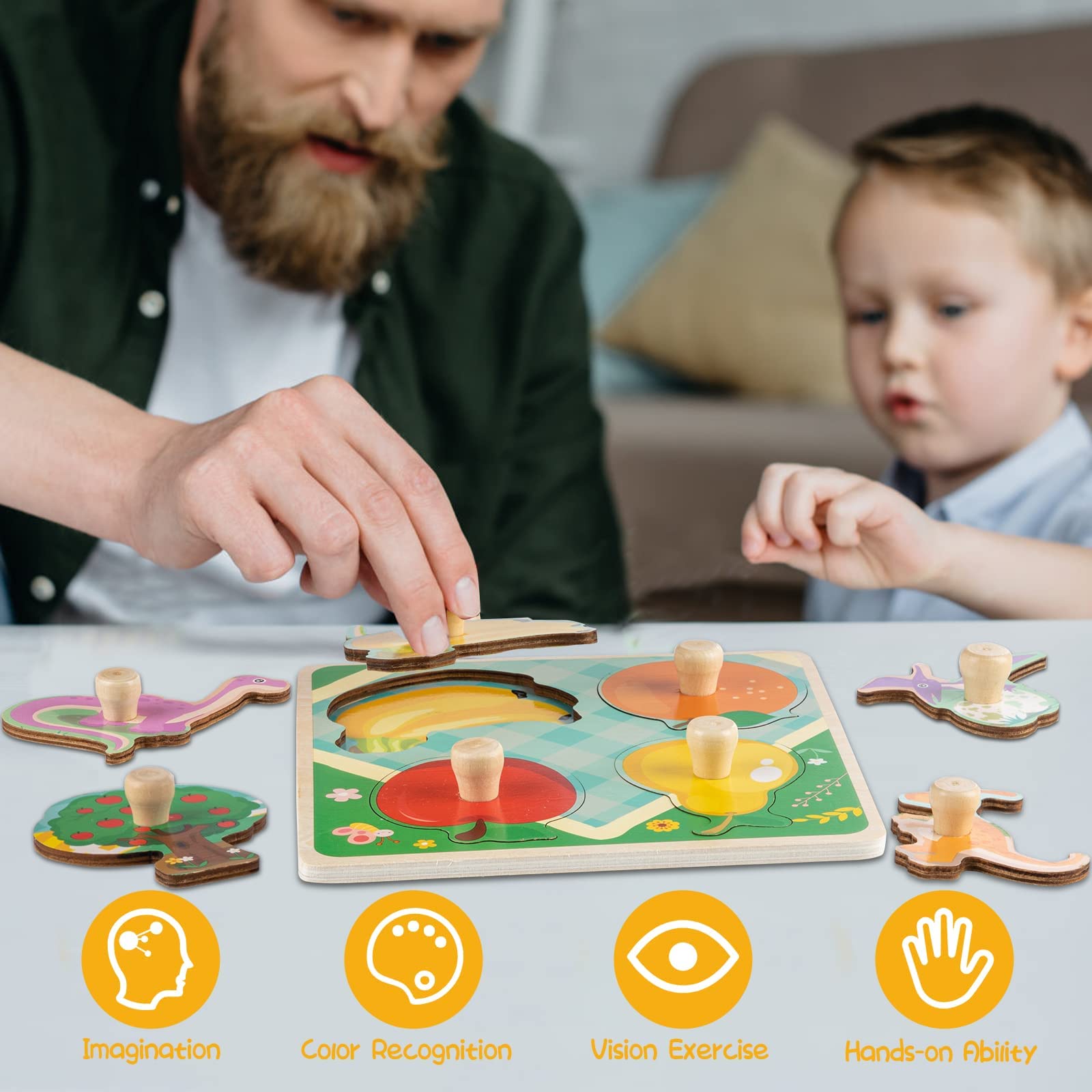 Funsland Wooden Peg Puzzles 4 Pcs Animal Patterns Puzzles Infant Fine Motor Skill Wood Puzzle Set for 1 2 3 Years Old