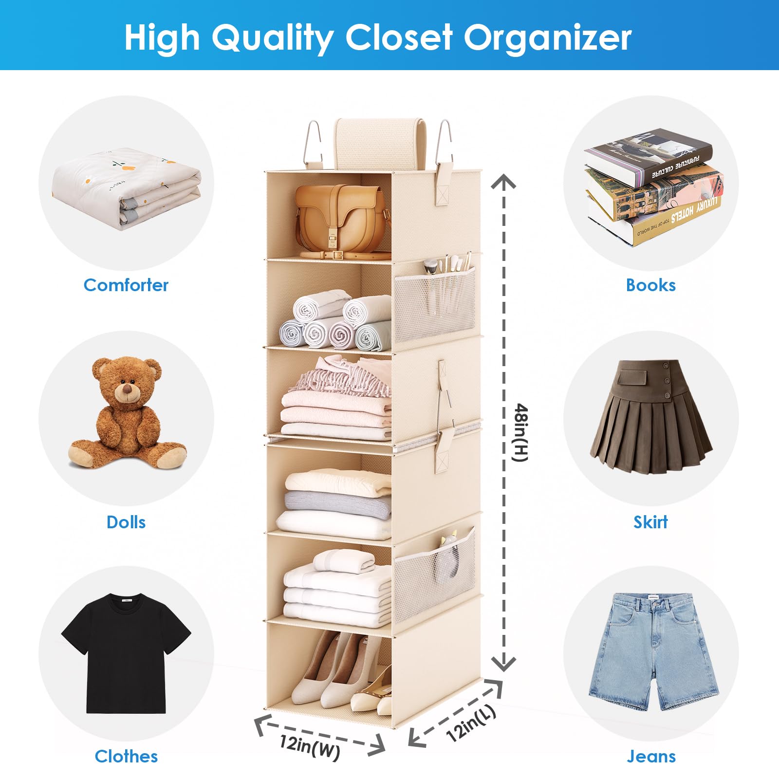 Fixwal 2 Pack 3-Shelf Hanging Closet Organizer 6-Shelf Separable Hanging Shelves Collapsible Hanging Storage Shelf for Bedroom College Dorm Pantry Camper RV, Creamy-White