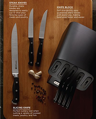 Sabatier Self-Sharpening 12-piece Forged Triple Rivet Knife Block Set with Edgekeeper Technology, High-Carbon Stainless Steel Kitchen Knives, Razor-Sharp Knife Set with Wood Block, Black